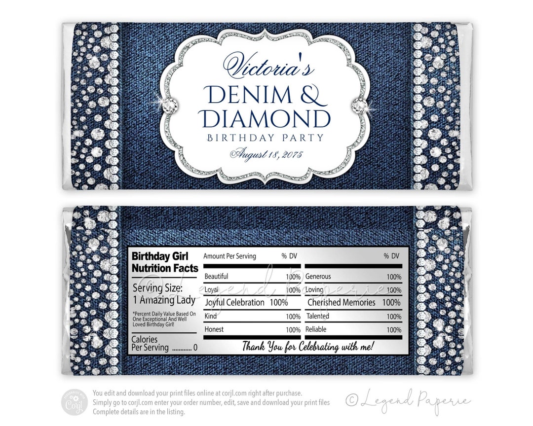 Denim Diamond Candy Bar Wrapper: Birthday, Baby Shower, Gala (digital ...