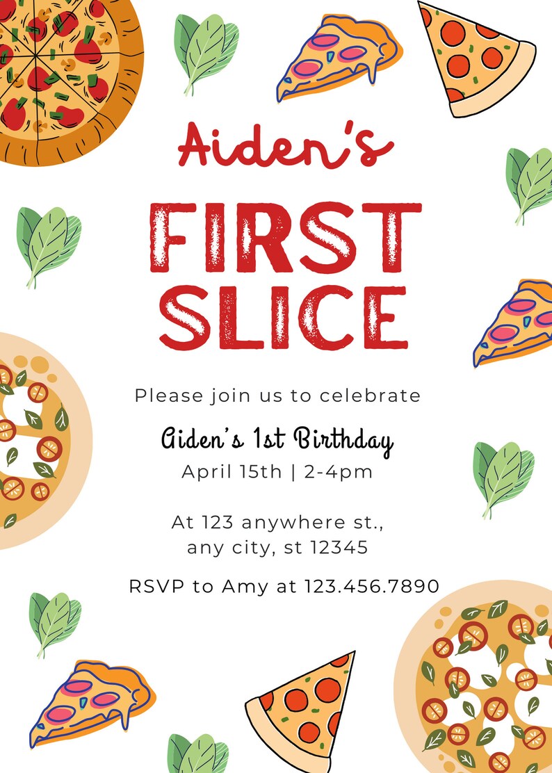First Slice Pizza Theme Birthday Invitation Template | Pizza Party ...