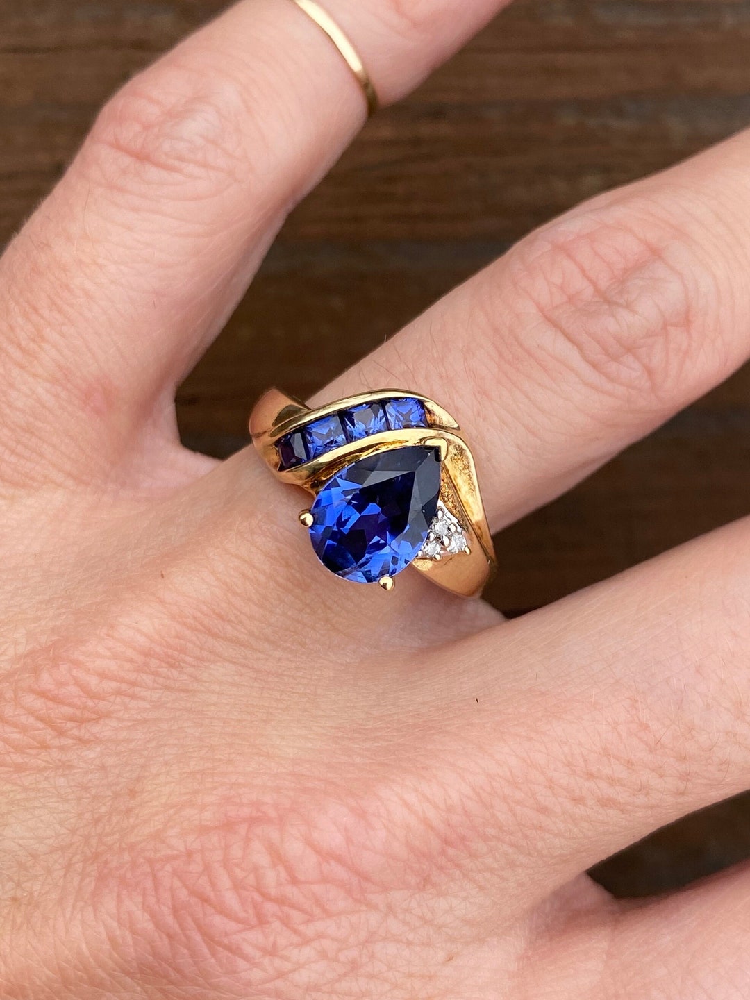 Pear Shape Synthetic Blue Sapphire Diamond Cocktail Ring 10K Yellow ...