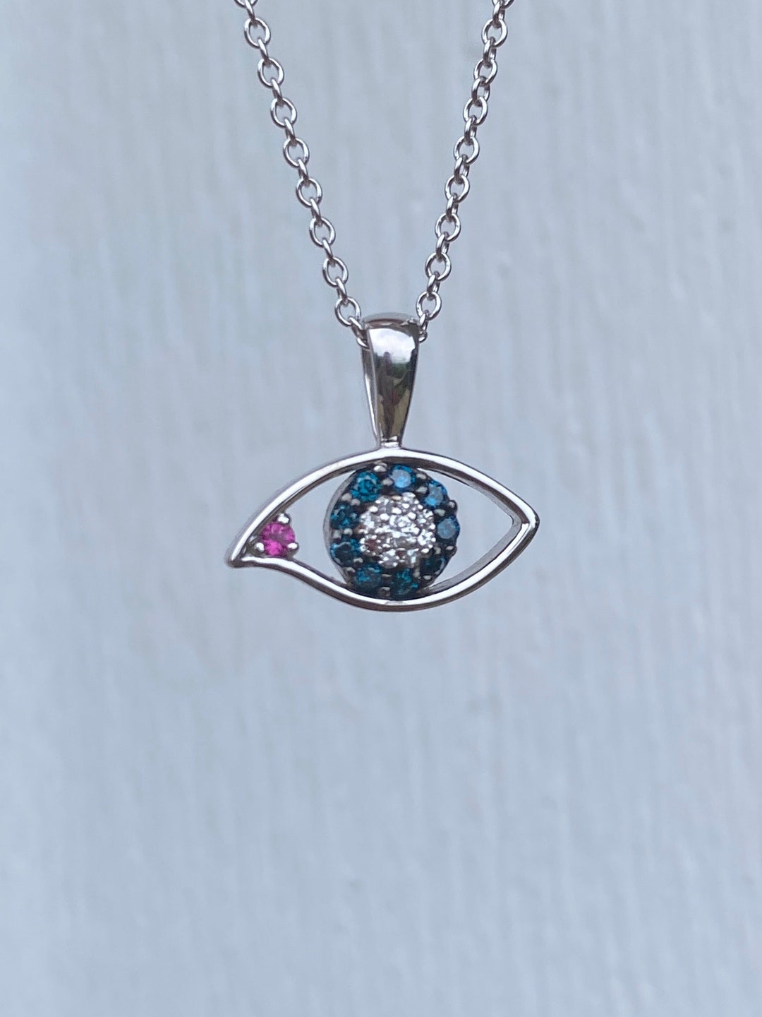 Effy Round Blue Diamond Ruby Small Evil Eye Pendant 14K White Gold With ...