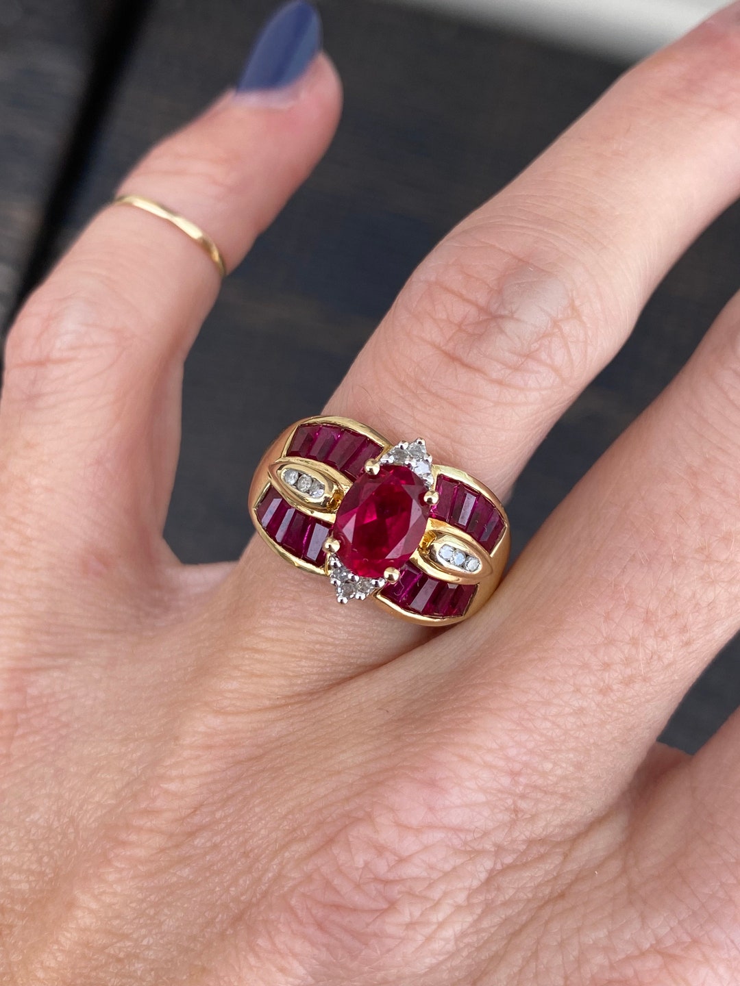 Oval Ruby Baguette Round Diamond Cocktail or Engagement Ring 10k Yellow ...