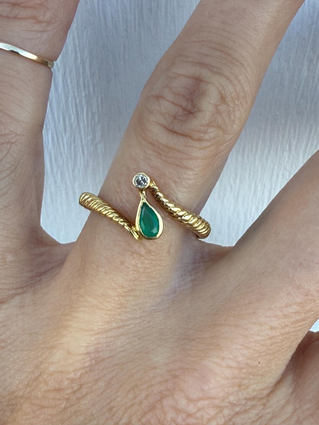 Bezel Set Pear Shape Emerald Natural Diamond Bypss Ring 14k Yellow Gold ...