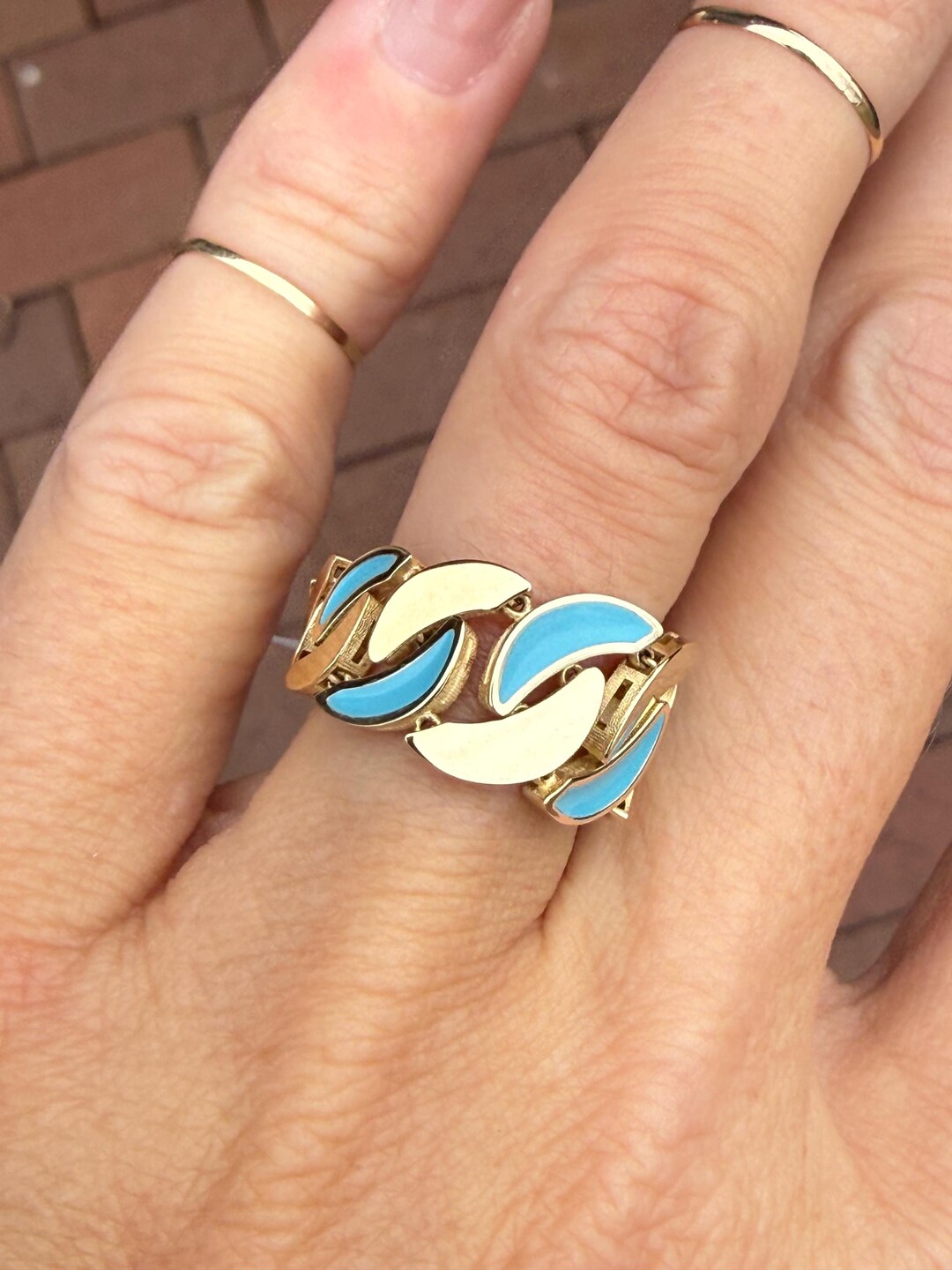 Blue Enamel Link Moveable 14K Yellow Gold Band Ring - Etsy
