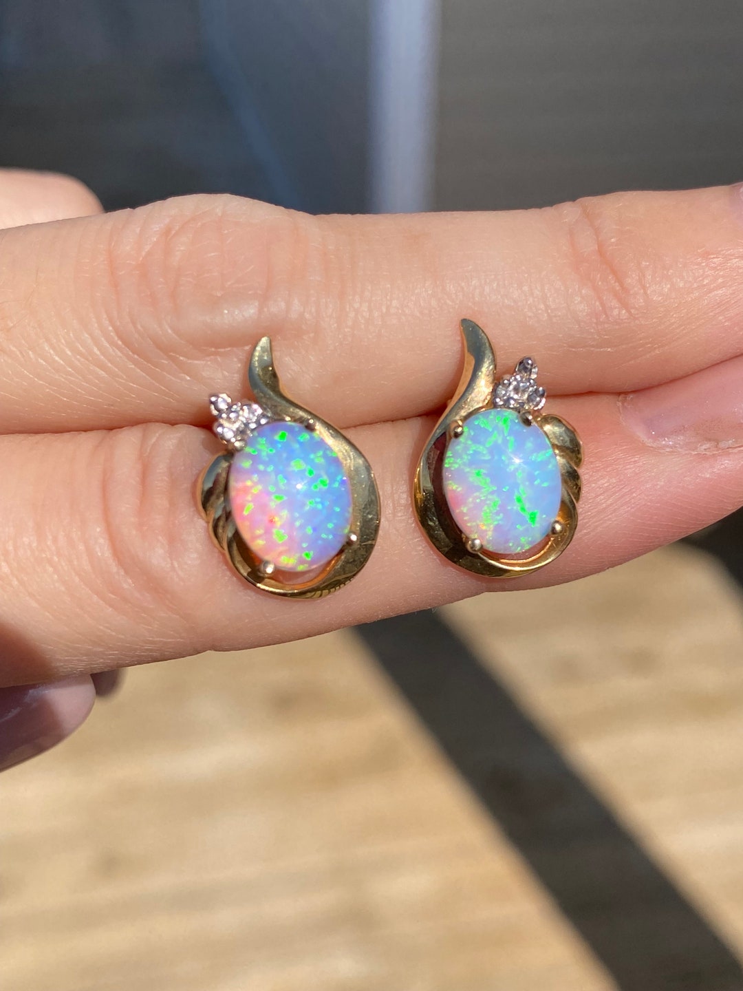 Oval Opal Diamond Stud Earrings 10k Yellow Gold - Etsy