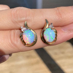 Oval Opal Diamond Stud Earrings 10k Yellow Gold - Etsy