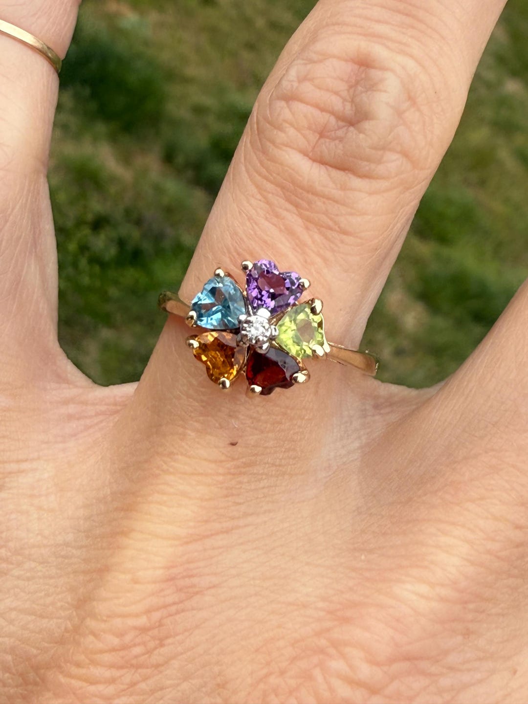 Multi Color Gemstone Heart Flower Ring Pear Blue Topaz Purple Amethyst ...