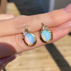 Oval Opal Diamond Stud Earrings 10k Yellow Gold - Etsy
