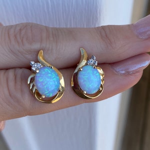 Oval Opal Diamond Stud Earrings 10k Yellow Gold - Etsy