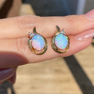 Oval Opal Diamond Stud Earrings 10k Yellow Gold - Etsy