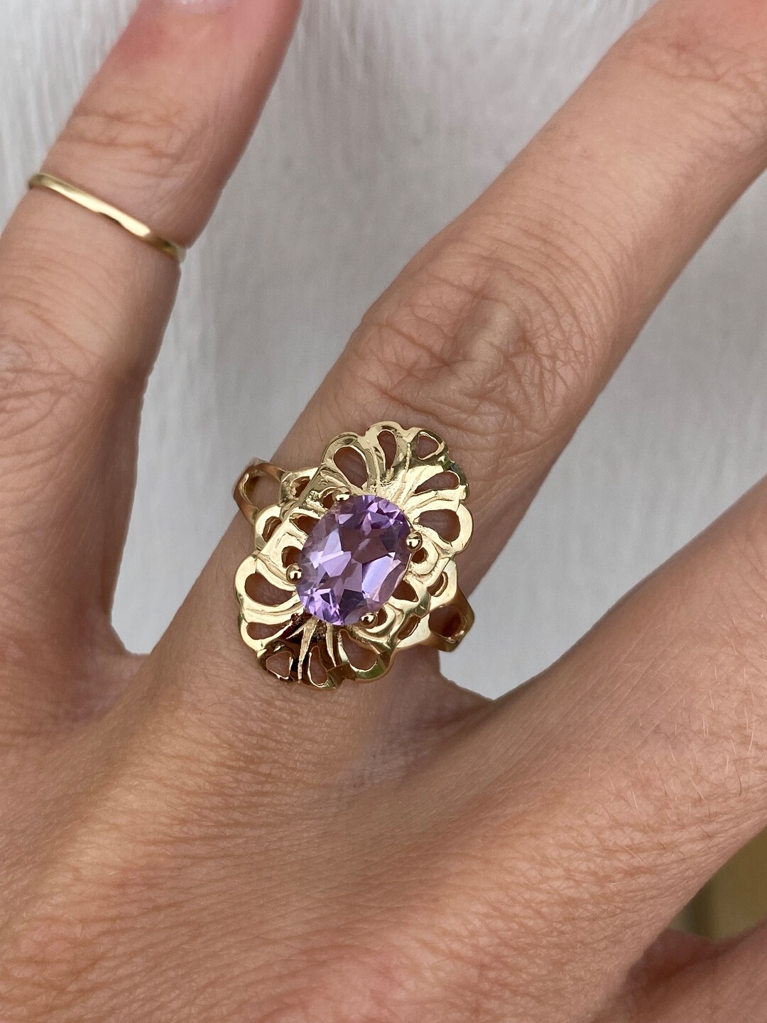 Purple Oval Shape Amethyst Filigree Solitaire 14k Yellow Gold Ring - Etsy