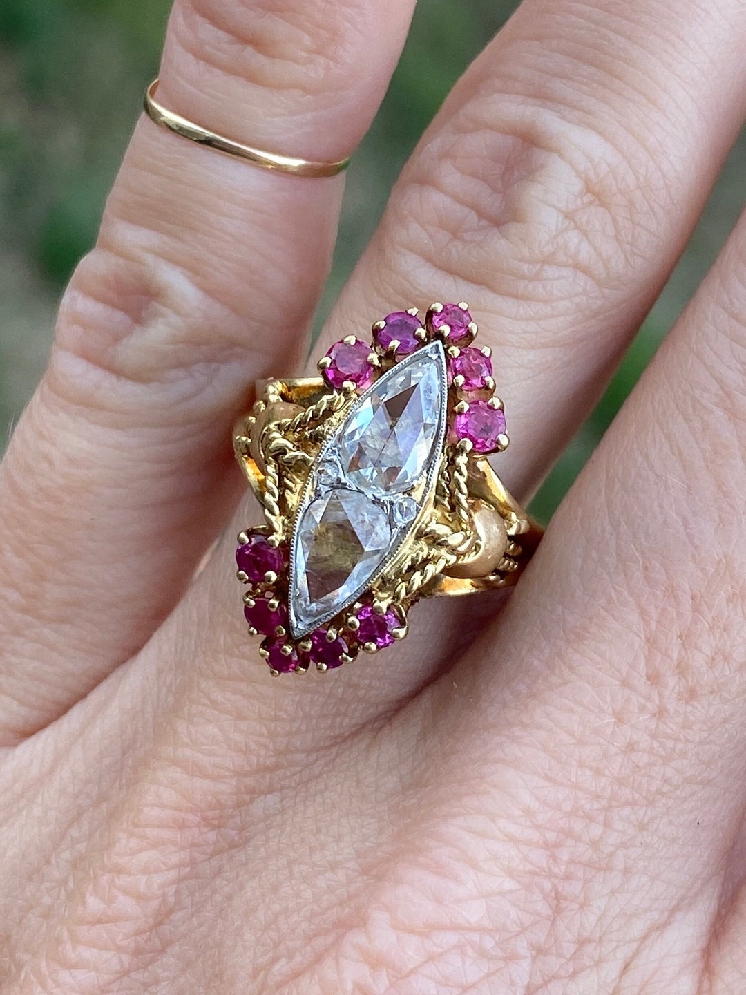 Vintage Estate Old Pear Shape Rose Cut Diamond Navette Ruby Ring 18k Yellow Gold - Etsy