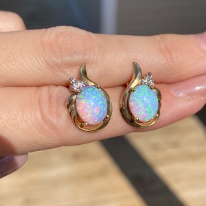 Oval Opal Diamond Stud Earrings 10k Yellow Gold - Etsy