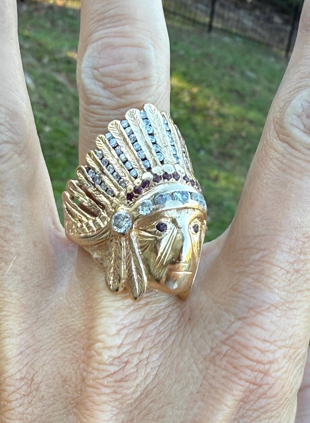 RARE FIND Well Made Vintage Heavy Native American Ruby Diamond Gold ...