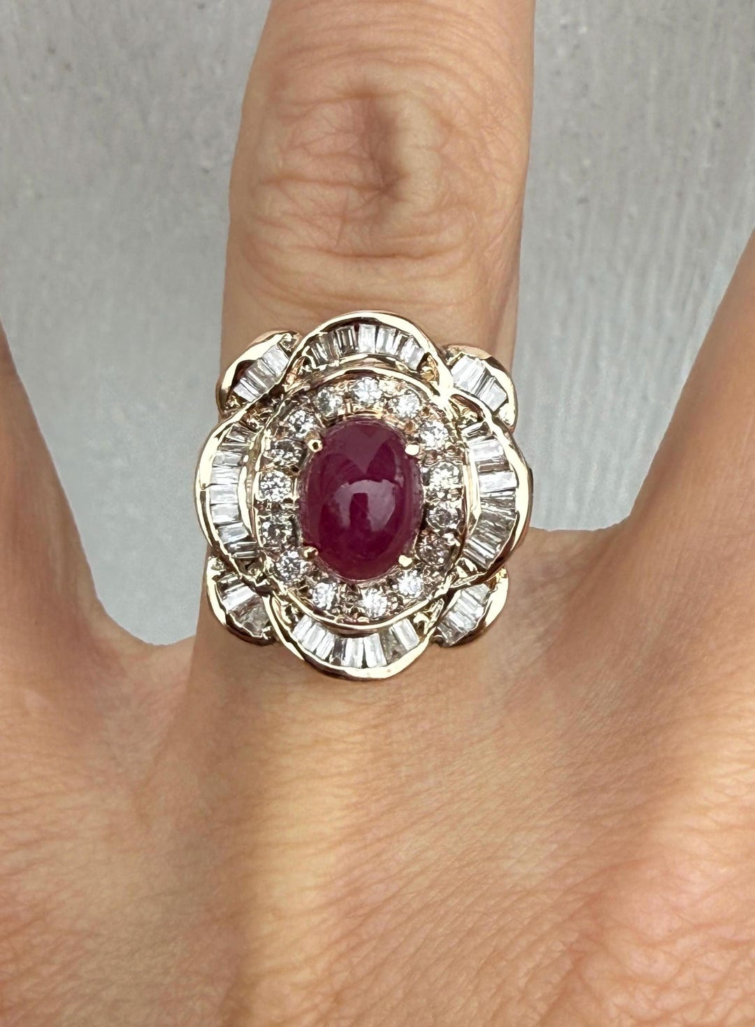 Genuine Cabochon Ruby Natural Baguette Round Diamond Cocktail Ring 10k ...