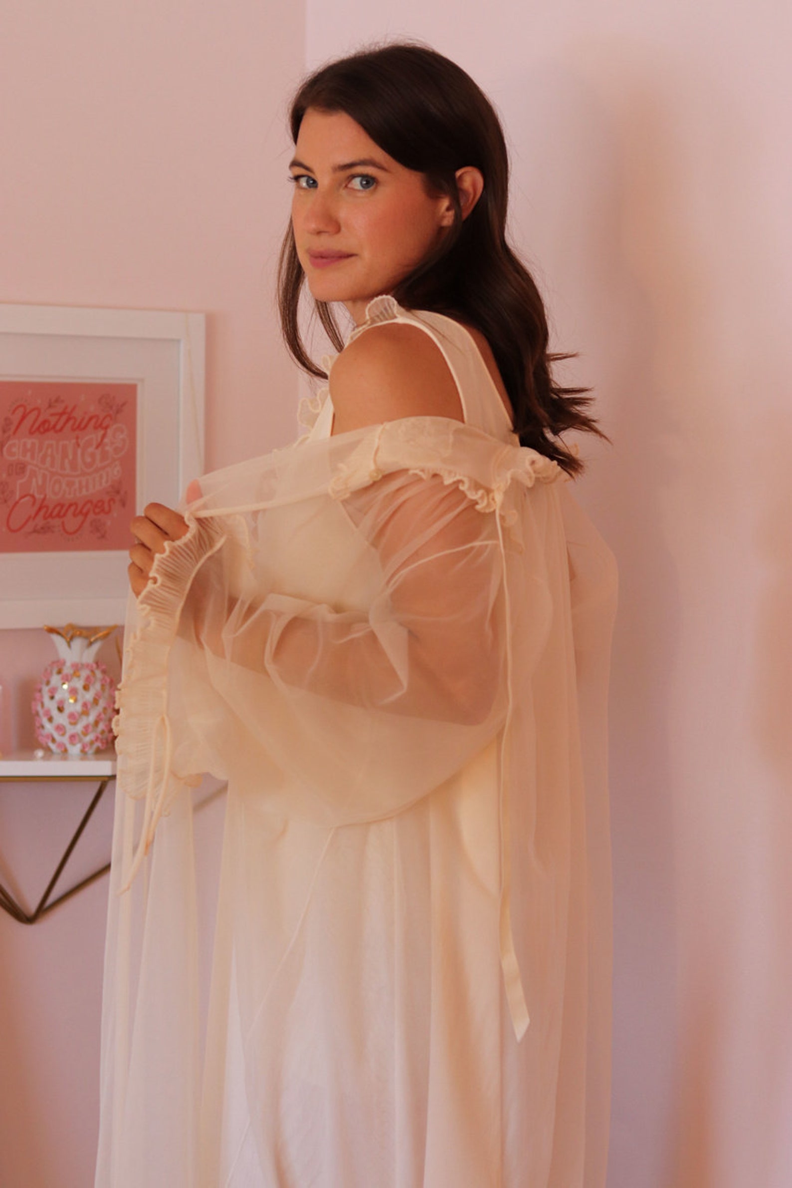 Vintage Cream Nightgown And Sheer Lace Robe Set Vintage Etsy Uk