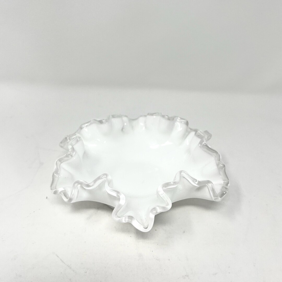 Vintage Fenton Milk Glass Candy Dish: Clear Ruffled Edge - Etsy