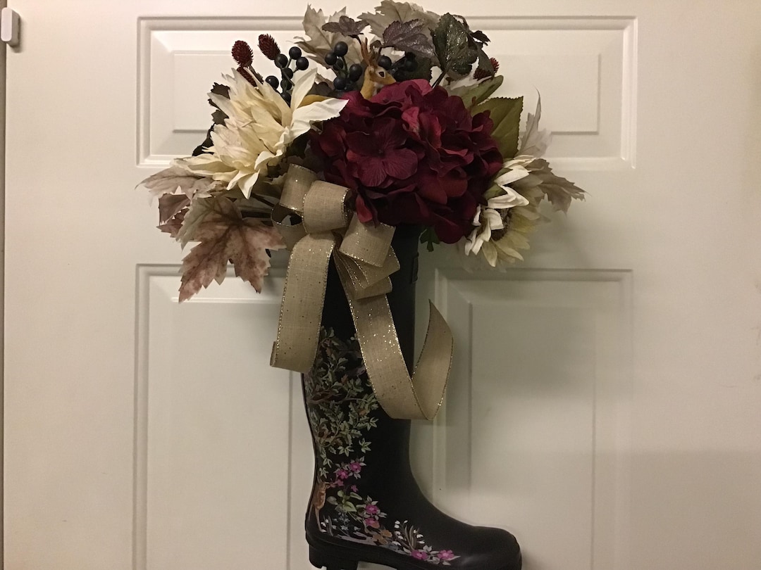 STUNNING Floral Rain Boot Wreath. Tall Decorated Navy Boot, "silk ...