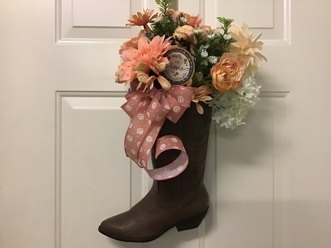 Cowboy Spring & Summer Boot Wreath, Porch Decor, White Lilacs, Peach ...