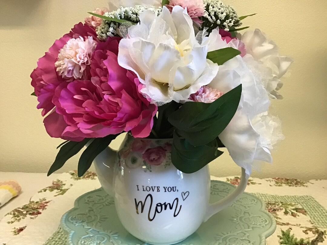 MOM Peony Teapot Arrangement, Mom's Birthday, Any Occasion. "silk ...