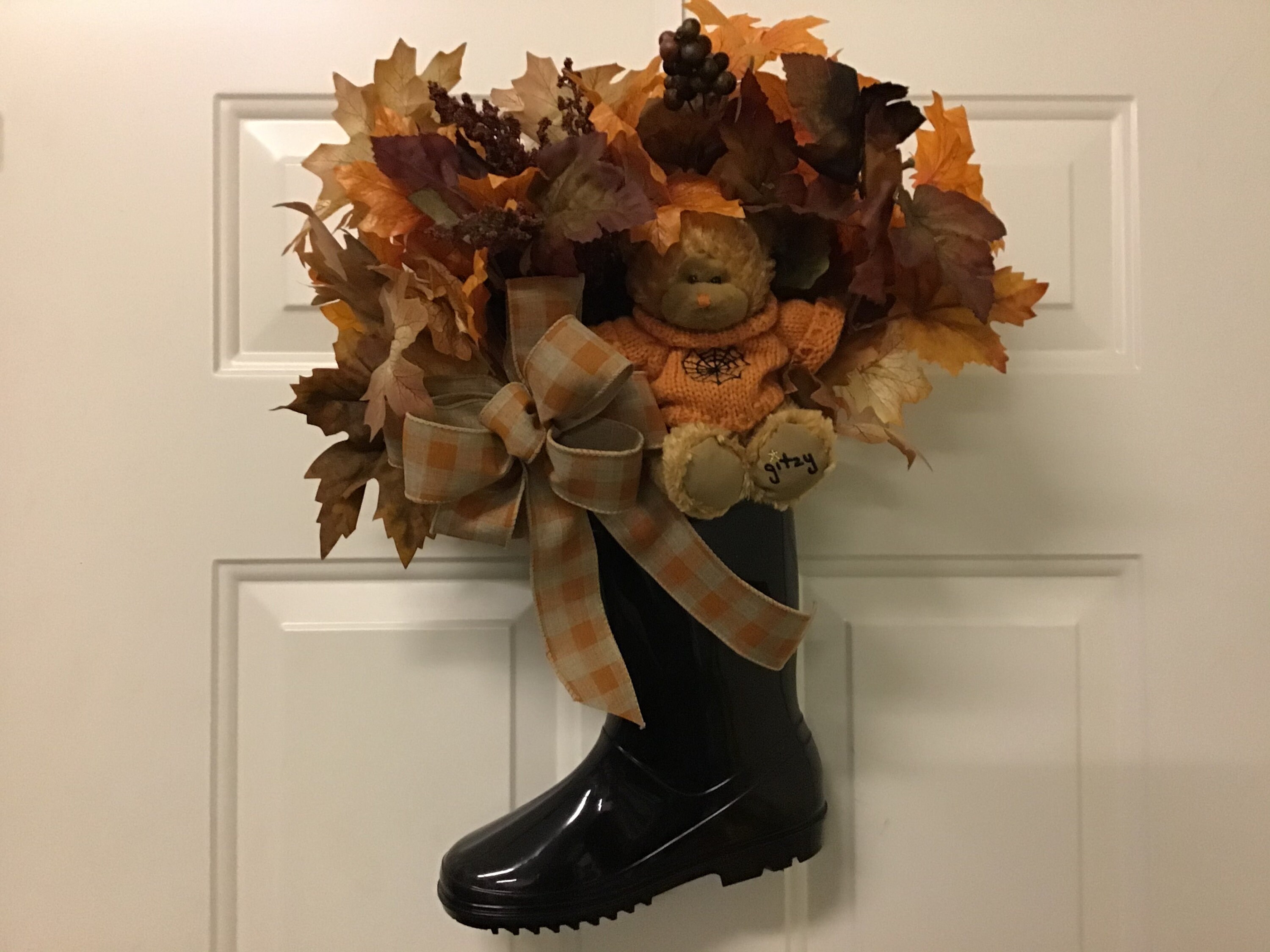 Halloween Rain Boot Wreath, Fall Door Hanger, Black Boot, W/fall Leaves ...