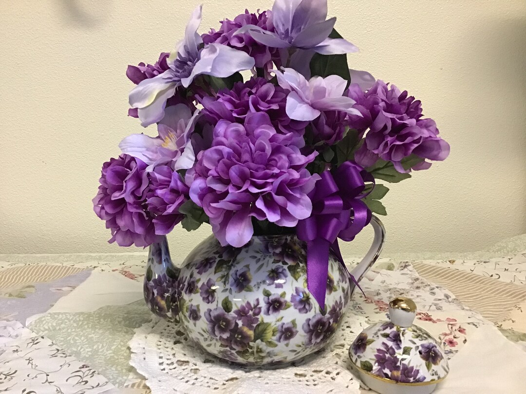 PURPLE PANSY TEAPOT Floral Arrangement & Centerpiece for - Etsy