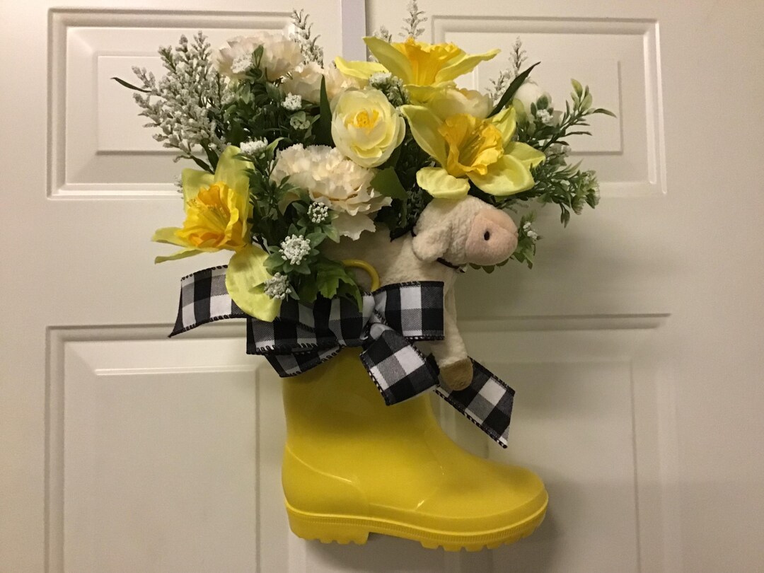 Spring Lamb Front Door Rain Boot Wreath! Bright Yellow Boot ...