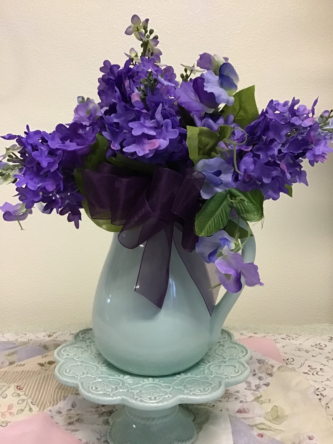 Purple Lilacs & Sweet Peas in a Mint Green Pitcher! Realistic Looking ...