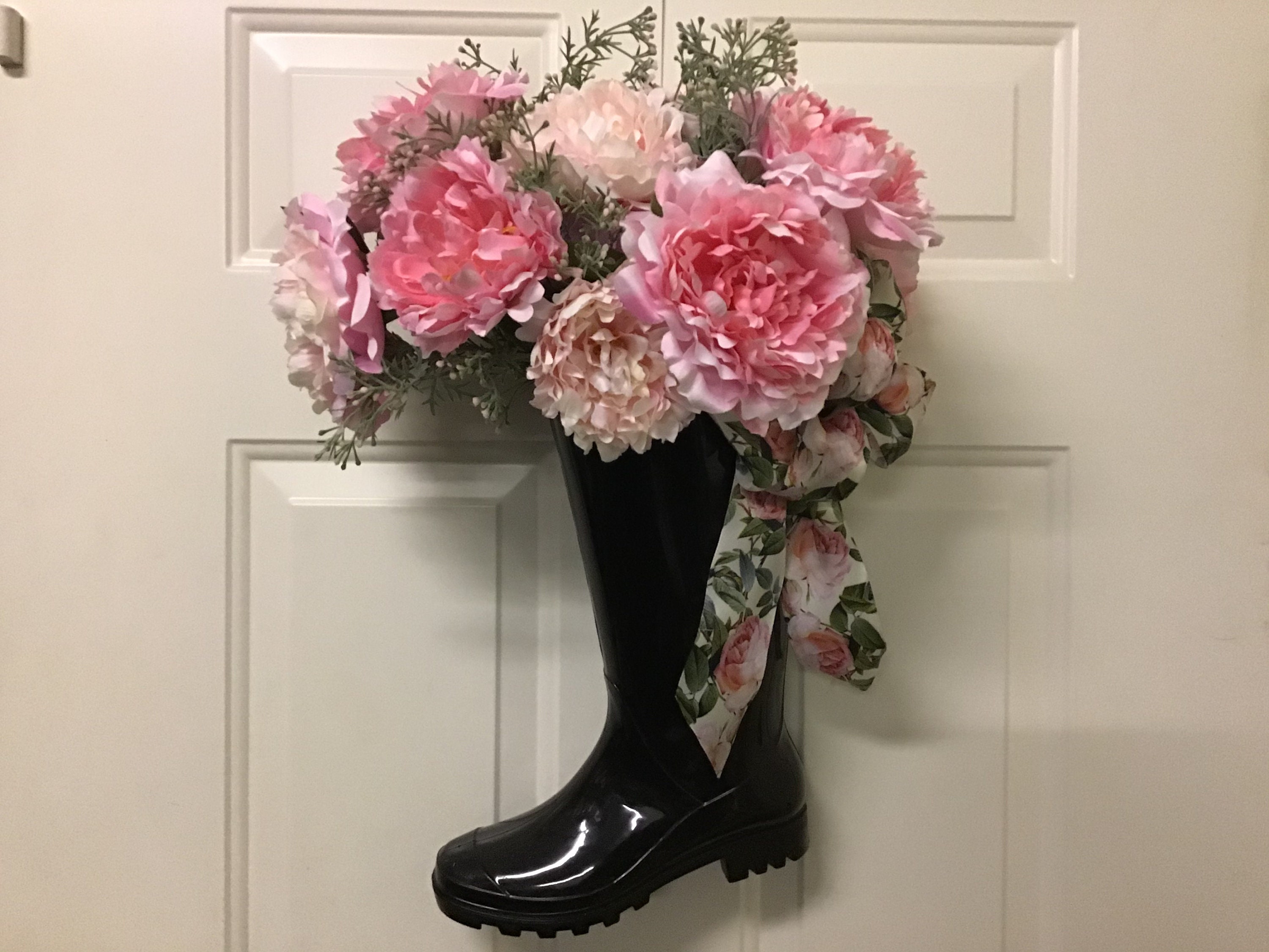 Peony Spring & Summer Rain Boot Wreath, Shiny Black Boot, Pink Tipped ...
