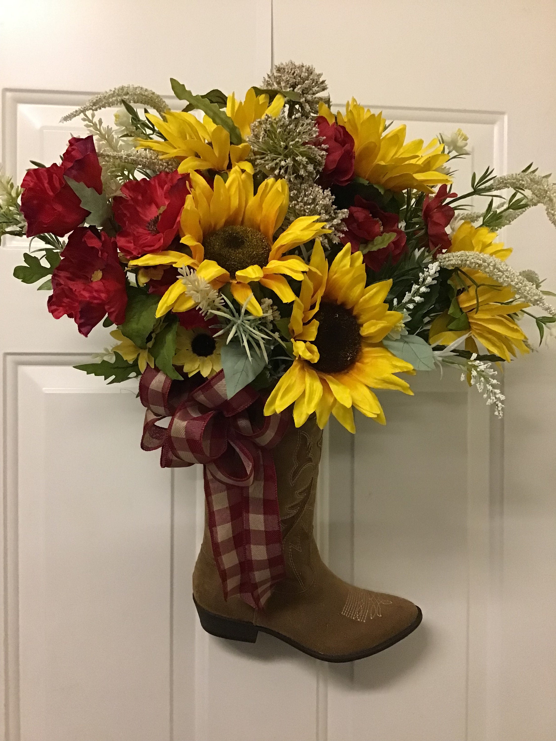 Summer & Fall Cowboy Boot Wreath, Large Display of Sunflowers, Red ...