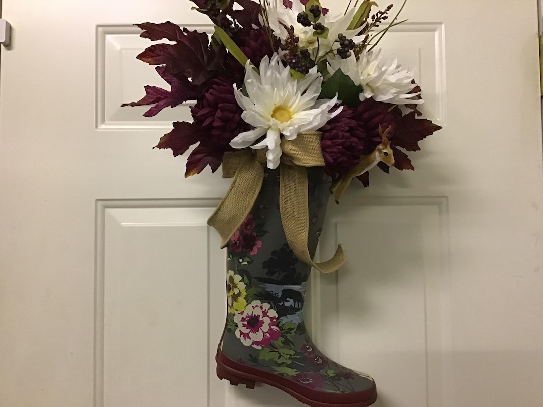 Deluxe Fall Rain Boot Wreath, Front Door, Porch, Wine Colored Flowers ...