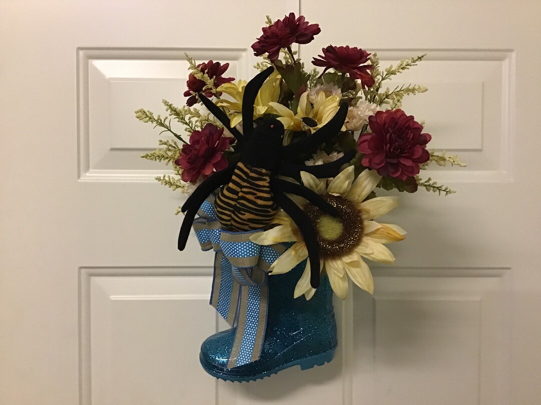 Fall & Halloween Spider Rain Boot Wreath, Aqua "sparkle" Boot W ...