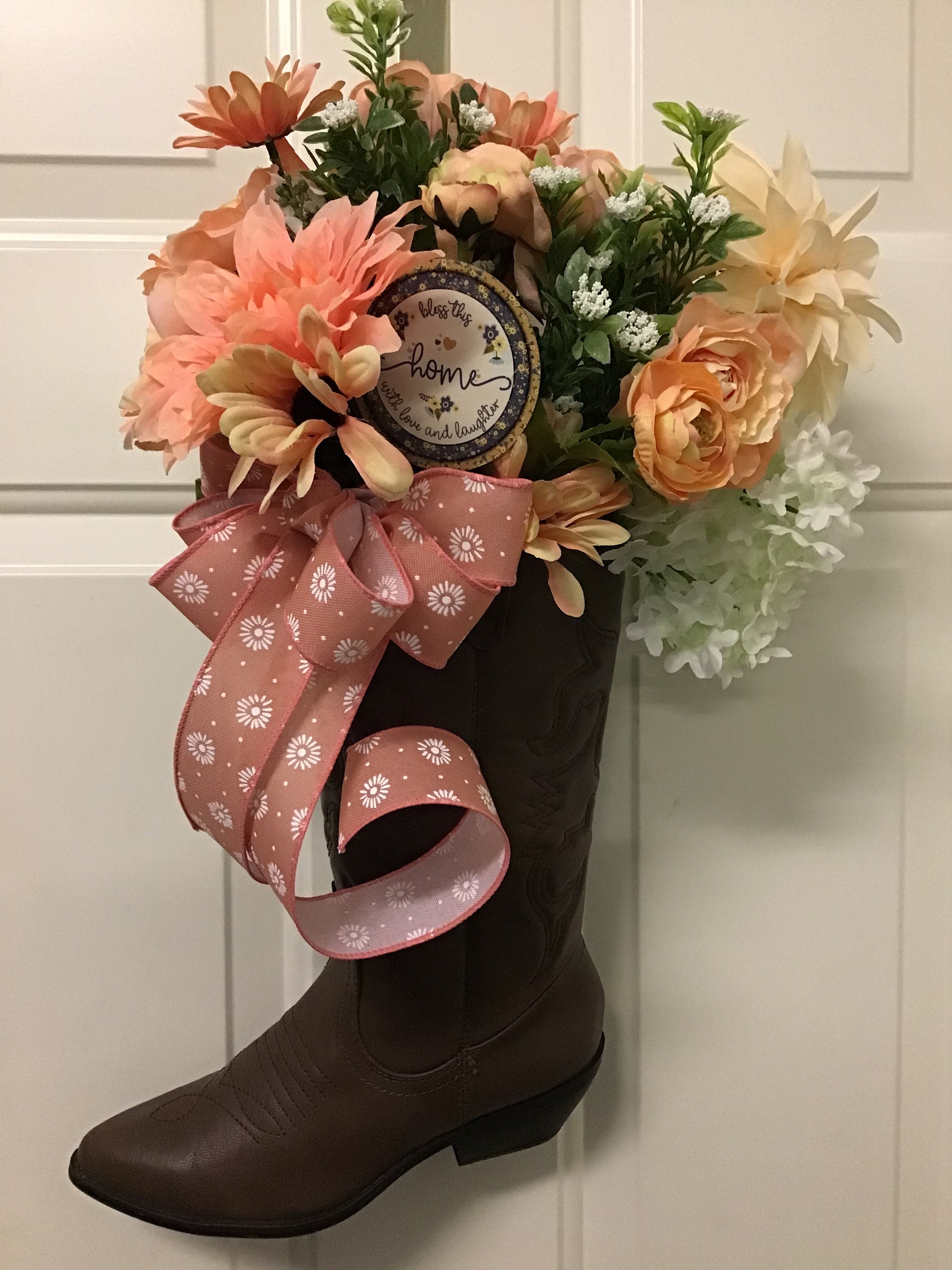 Cowboy Spring & Summer Boot Wreath, Porch Decor, White Lilacs, Peach ...