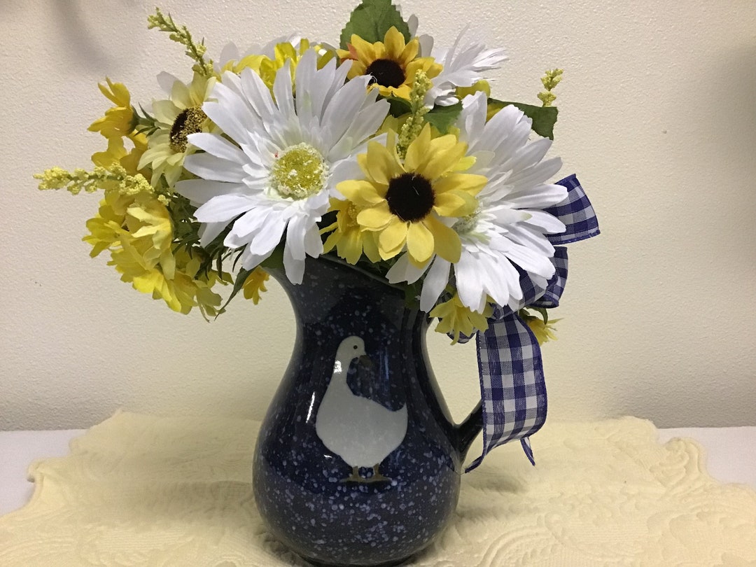 Farmhouse Pitcher Floral Arrangement, Hand Crafted Vintage Blue Spackle ...