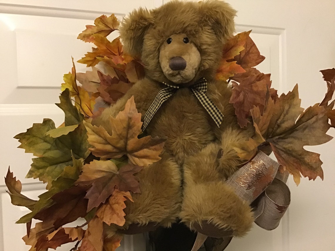 TEDDY BEAR FALL Wreath Large Size Front Door Rain Boot | Etsy