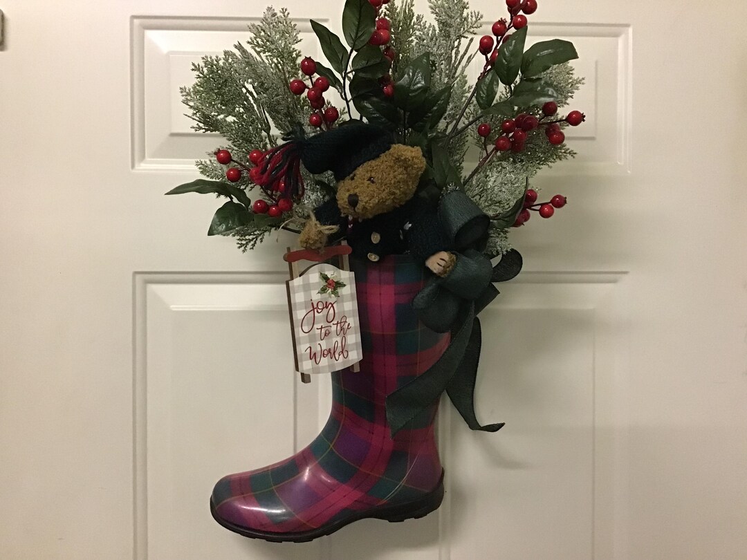 Plaid Christmas Rain Boot Wreath Featuring a Christmas Bear, Sled ...