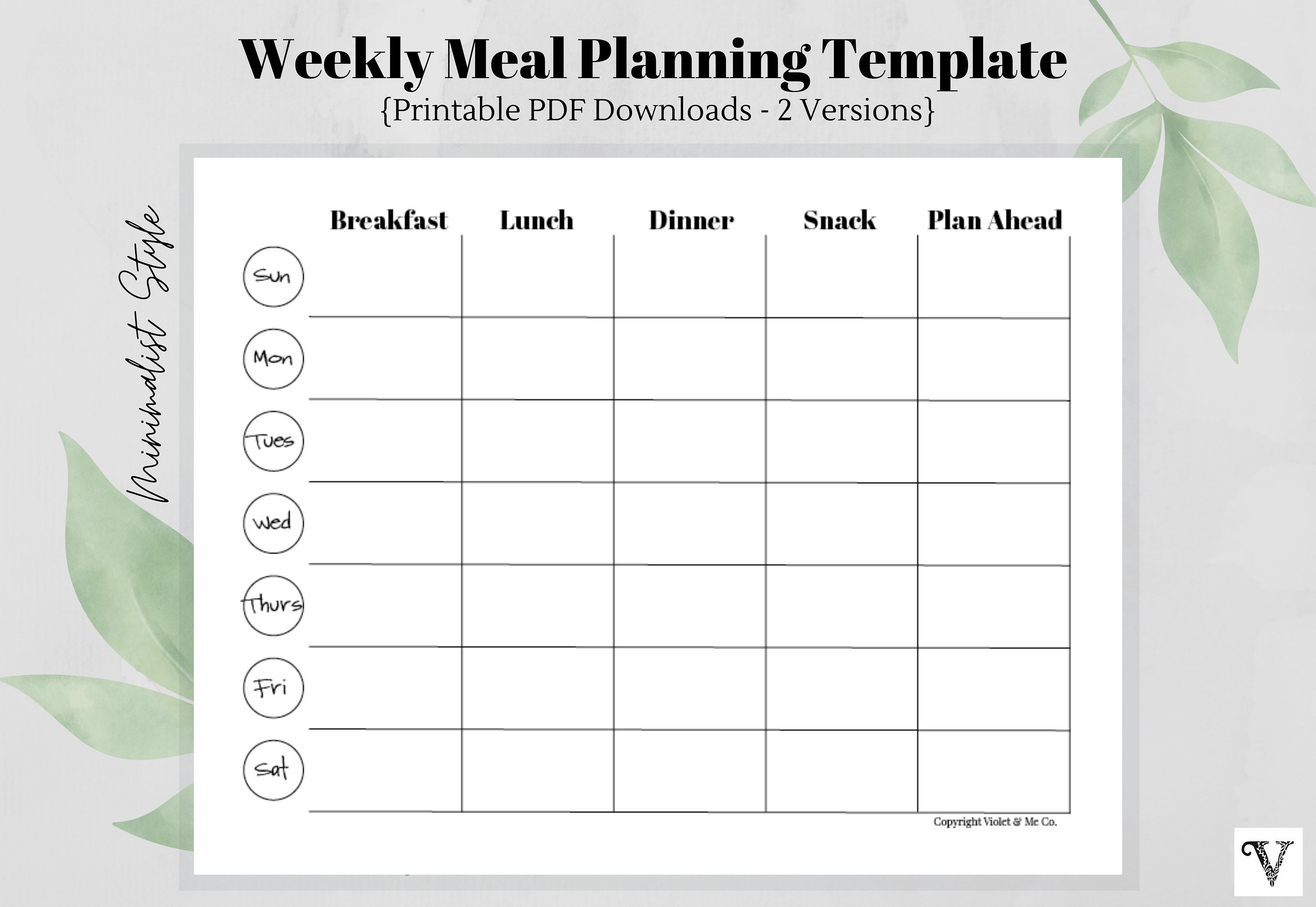 Minimalist Meal Planning Template Printable, Simple Design Food Prep ...