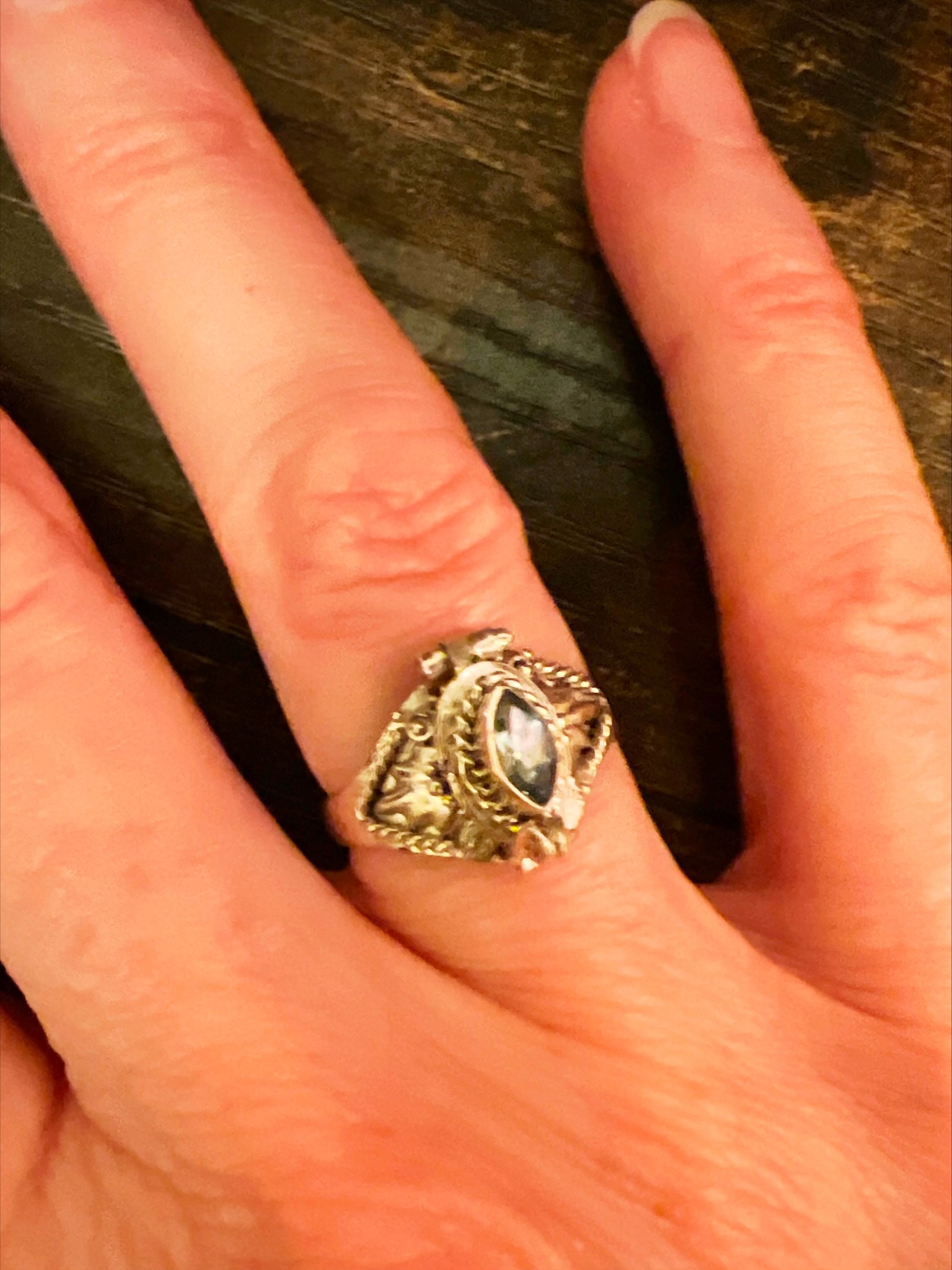 Handcrafted Blue Topaz Poison Ring 925 Sterling Silver, Marquise Cut ...