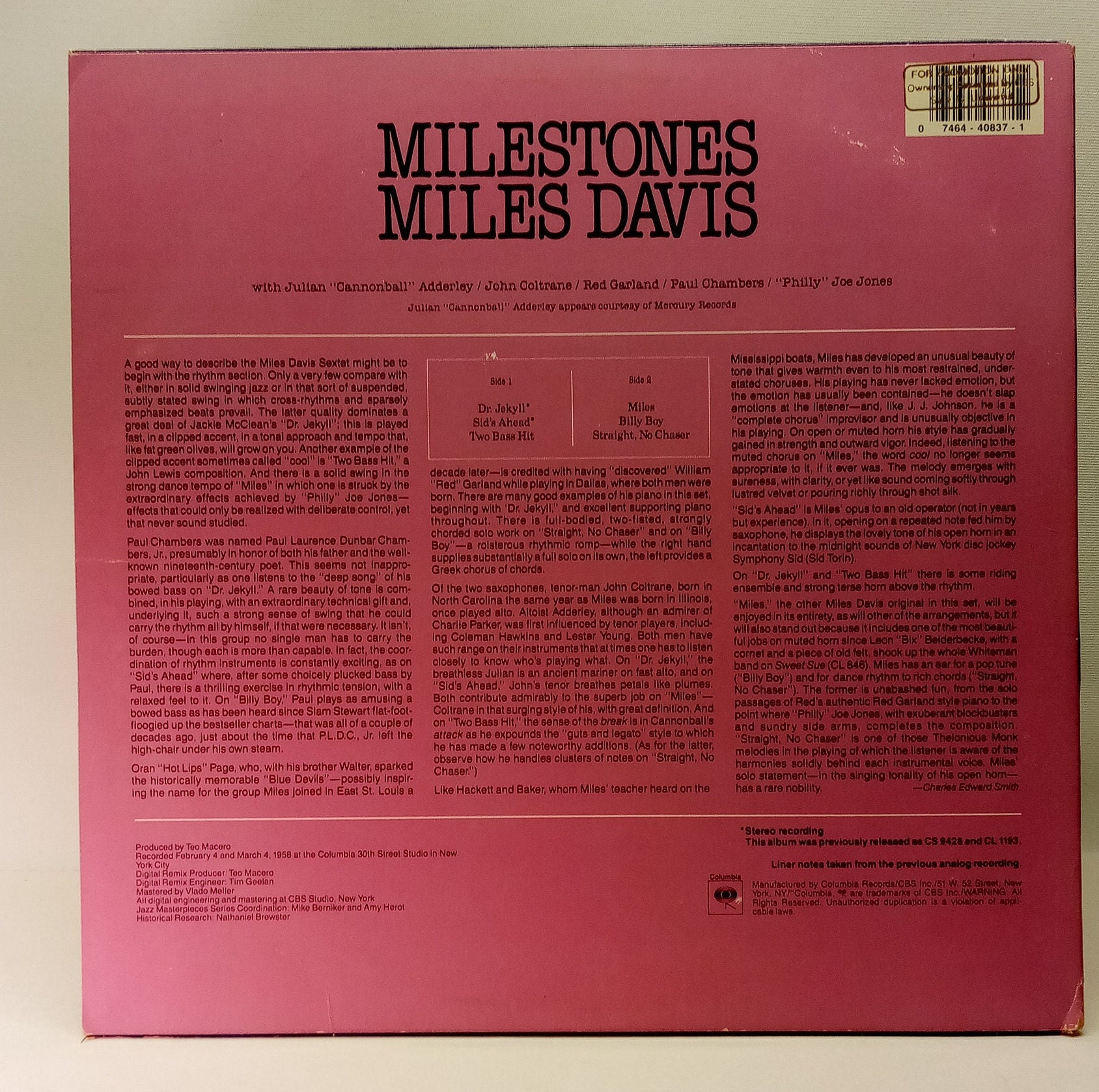 Milestones-miles Davis 1987 CBS Inc. Columbia Jazz Masterpieces Album ...