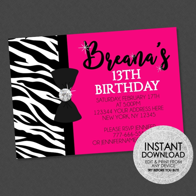 Pink Zebra Party Invite - Etsy