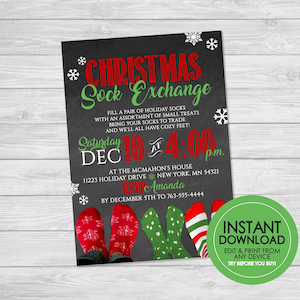 Christmas Sock Exchange Invitation EDITABLE INSTANT DOWNLOAD Holiday ...