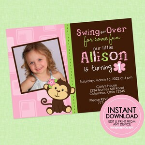 Monkey Girl Birthday Photo Invitation - EDITABLE INSTANT DOWNLOAD ...