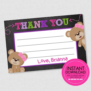 Girl Teddy Bear Birthday Thank You EDITABLE INSTANT DOWNLOAD Bear Thank ...