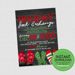 Holiday Sock Exchange Invitation EDITABLE INSTANT DOWNLOAD Christmas ...