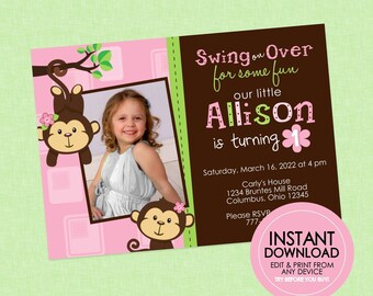 Monkey Girl Birthday Photo Invitation EDITABLE INSTANT - Etsy