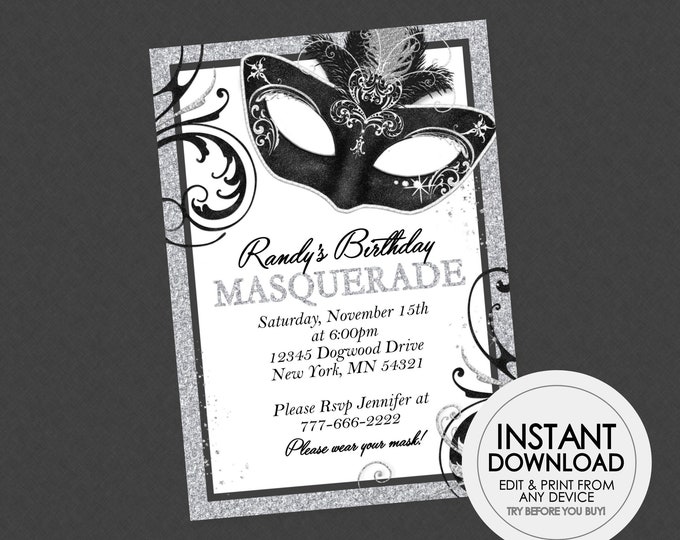 Masquerade Party Invitation INSTANT DOWNLOAD Edit & Print - Etsy
