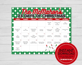 25 Days of Christmas Activity Calendar EDITABLE INSTANT DOWNLOAD ...