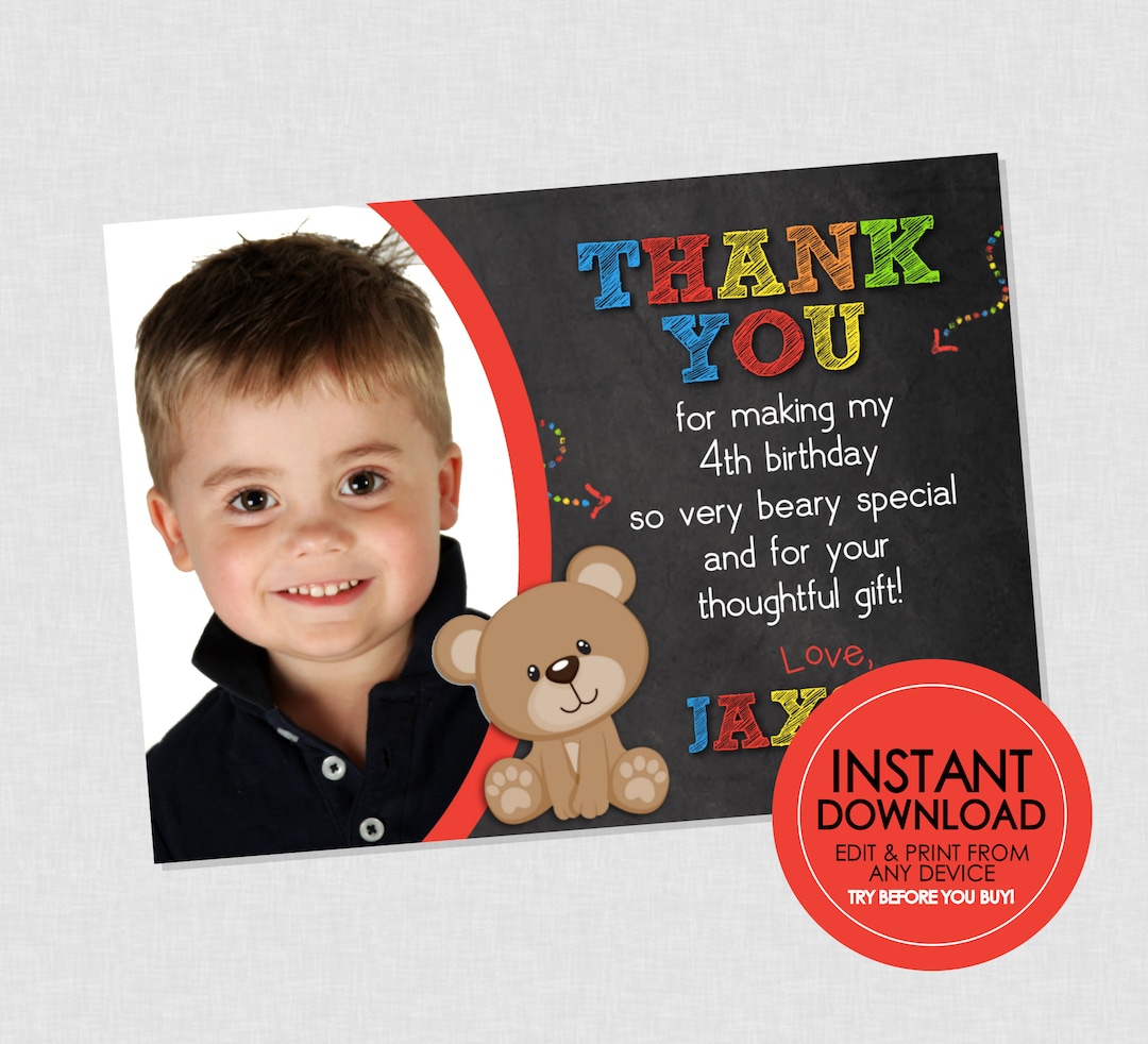 Teddy Bear Photo Thank You - EDITABLE INSTANT DOWNLOAD - Bear Birthday ...