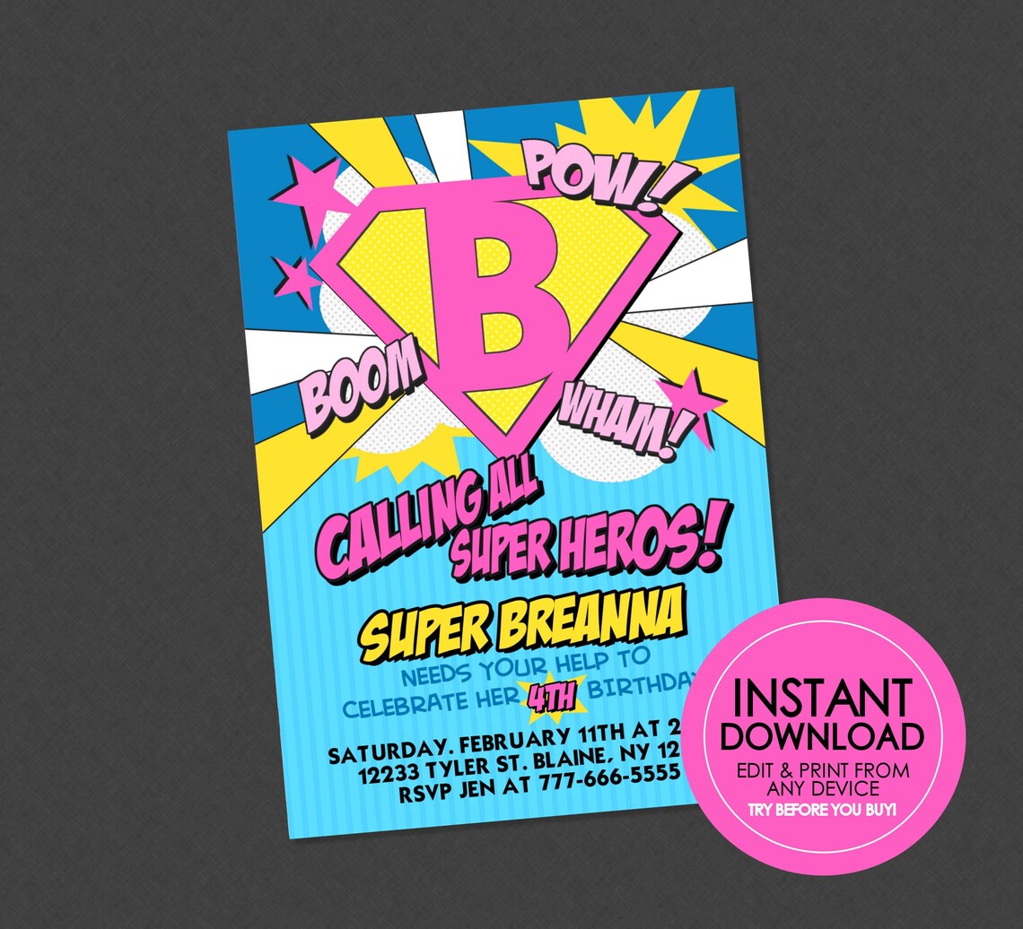 Girl Superhero Birthday Invite - EDITABLE INSTANT DOWNLOAD - Girly ...