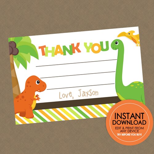 Dinosaur Thank You Cards Kids Dinosaur Party Boy Fill in | Etsy