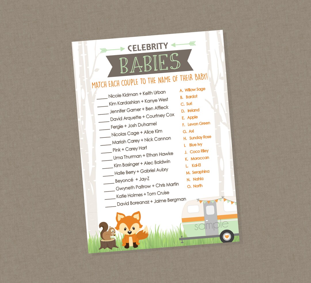 RV Camper Celebrity Babies Shower Game - Instant Download - Woodland ...